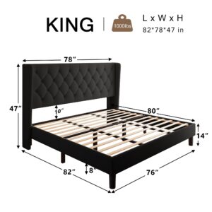 Einhomn King Size Upholstered Bed Frame with Wingback Headboard, Fabric Linen Platform Bed, 8" Under Bed Storage, Wooden and Metal Slats Support, No Box Spring Needed, Black