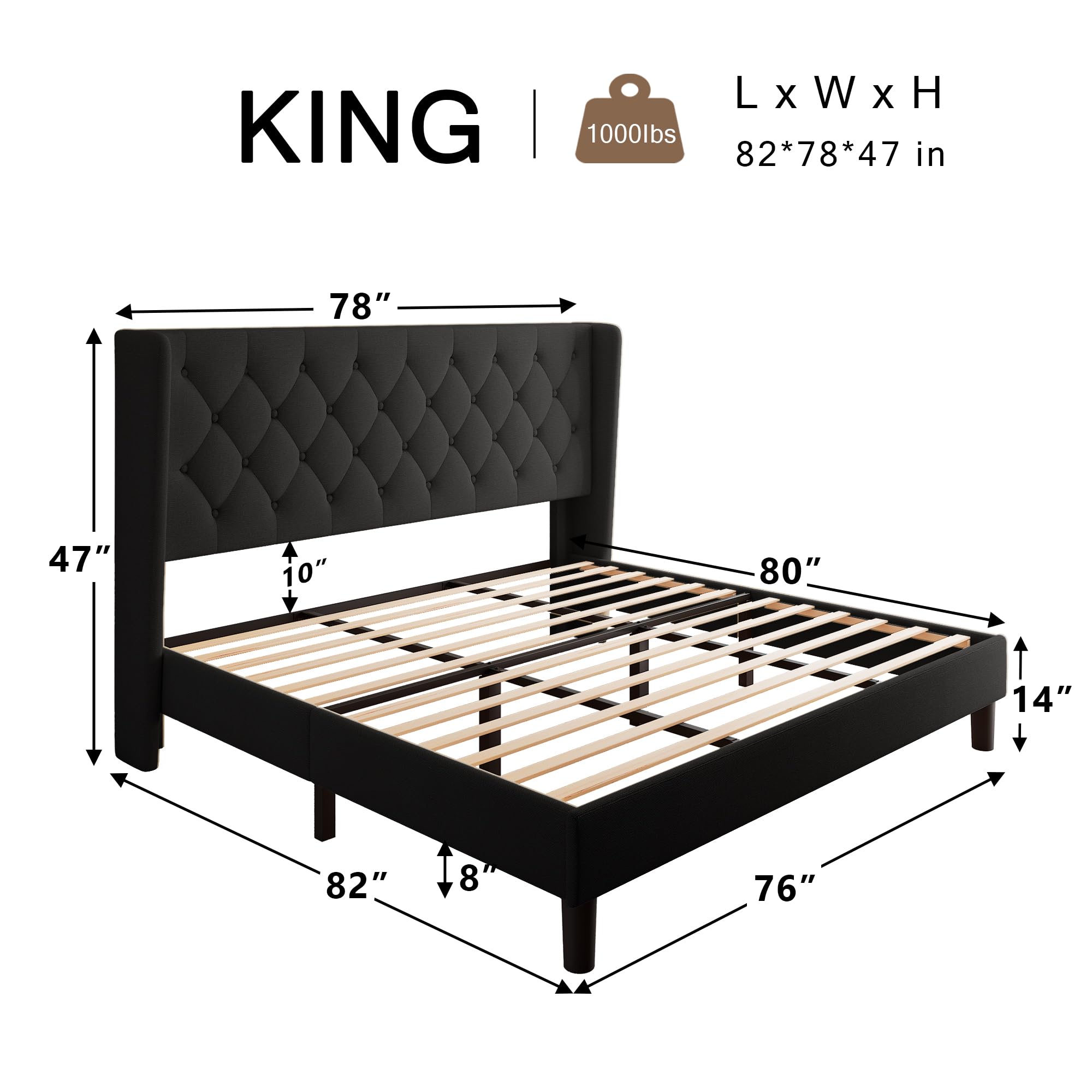 Einhomn King Size Upholstered Bed Frame with Wingback Headboard, Fabric Linen Platform Bed, 8" Under Bed Storage, Wooden and Metal Slats Support, No Box Spring Needed, Black