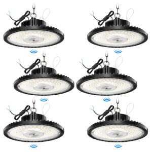 sararoom 6packs 150w ufo led high bay light with motion sensor, 5000k led shop light with remote control 3 modes, 22500lm led work shop light with 2.5' cable for factories garage workshop