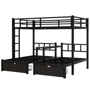 Full XL Over Twin Over Twin Bunk Bed for 3 Kids, Heavy Duty Triple Bunk Bed with Storage Drawers, Shelf, Guardrails and Ladder, Full XL Over Twin Over Twin Triple Bunk for Kids, Teens, Black