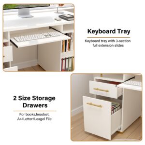 MaverickFurni White and Gold Executive Desk with Drawers, 55 Inch White Desk with Keyboard Drawers, White and Gold Desks for Bedrooms, White Computer Desk with File Cabinet for Office