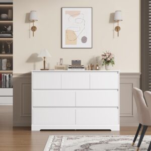 FACBOTALL Dresser for Bedroom, Modern White Dresser, Wood Chest of Drawers Nursery Dresser with Storage, 7 Drawer Double Dresser with Handle Free, Large Storage Dresser Organizer for Living Room,White