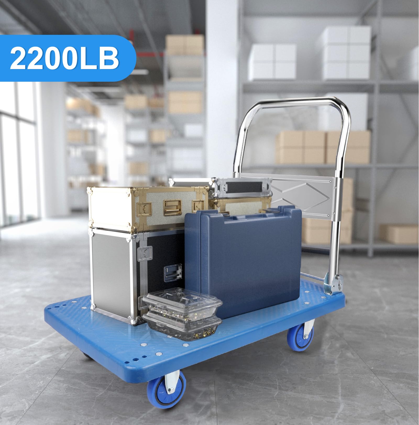 Folding Dolly Cart with Wheels Collapsible - 1500lbs Alloy Steel Portable Foldable Moving Push Utility Flat Hand Trucks, Heavy Duty Trolley Dolley with 360 Degree Swivel Wheels (Blue, PP-S)