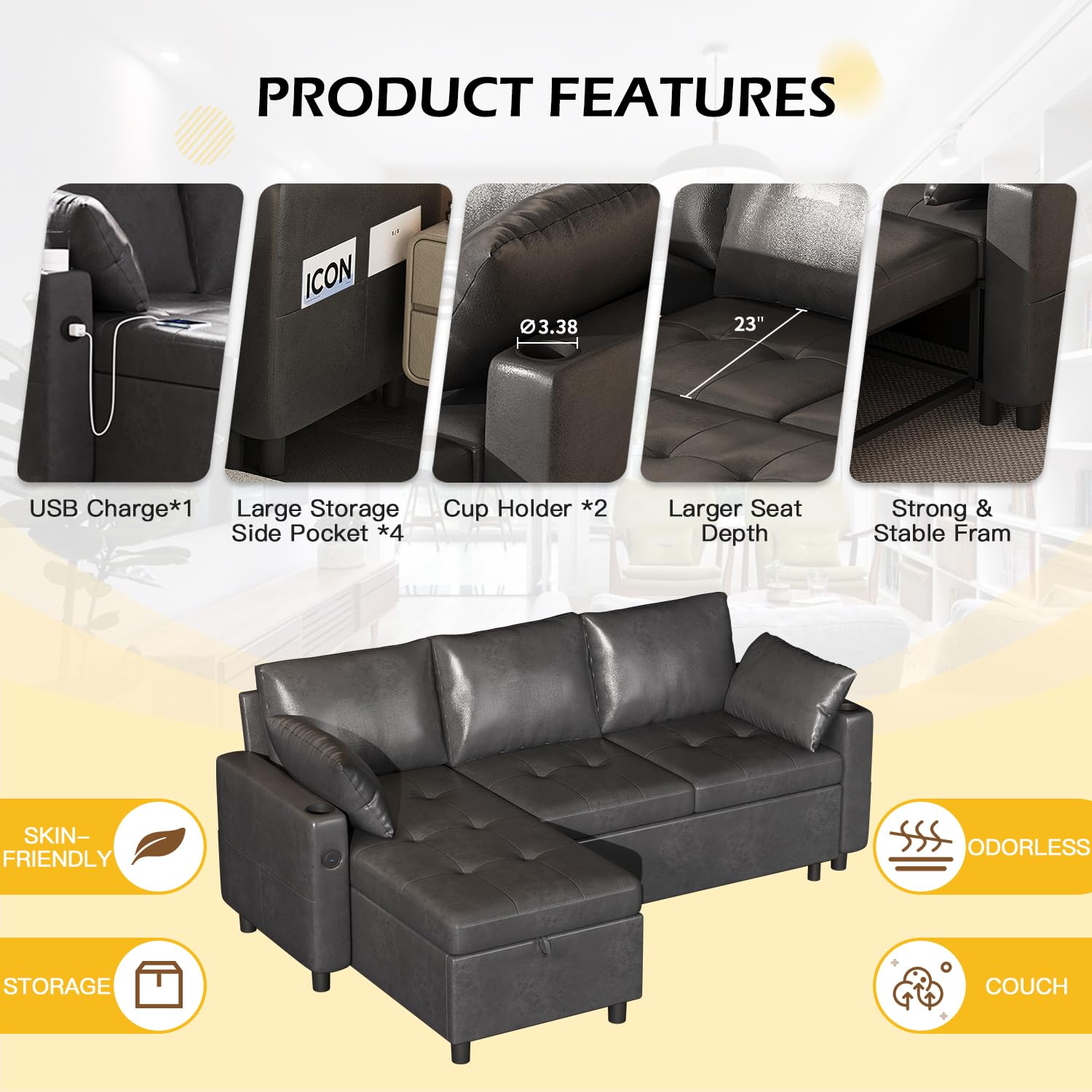 Esright Sleeper Sofa Bed Couch with Pullout Sofa Bed, Faux Leather Sectional Sleeper Sofa Pull Out Couch Bed with Storage USB & Cup Holders, Convertible Sofa Bed Couches for Living Room, Black