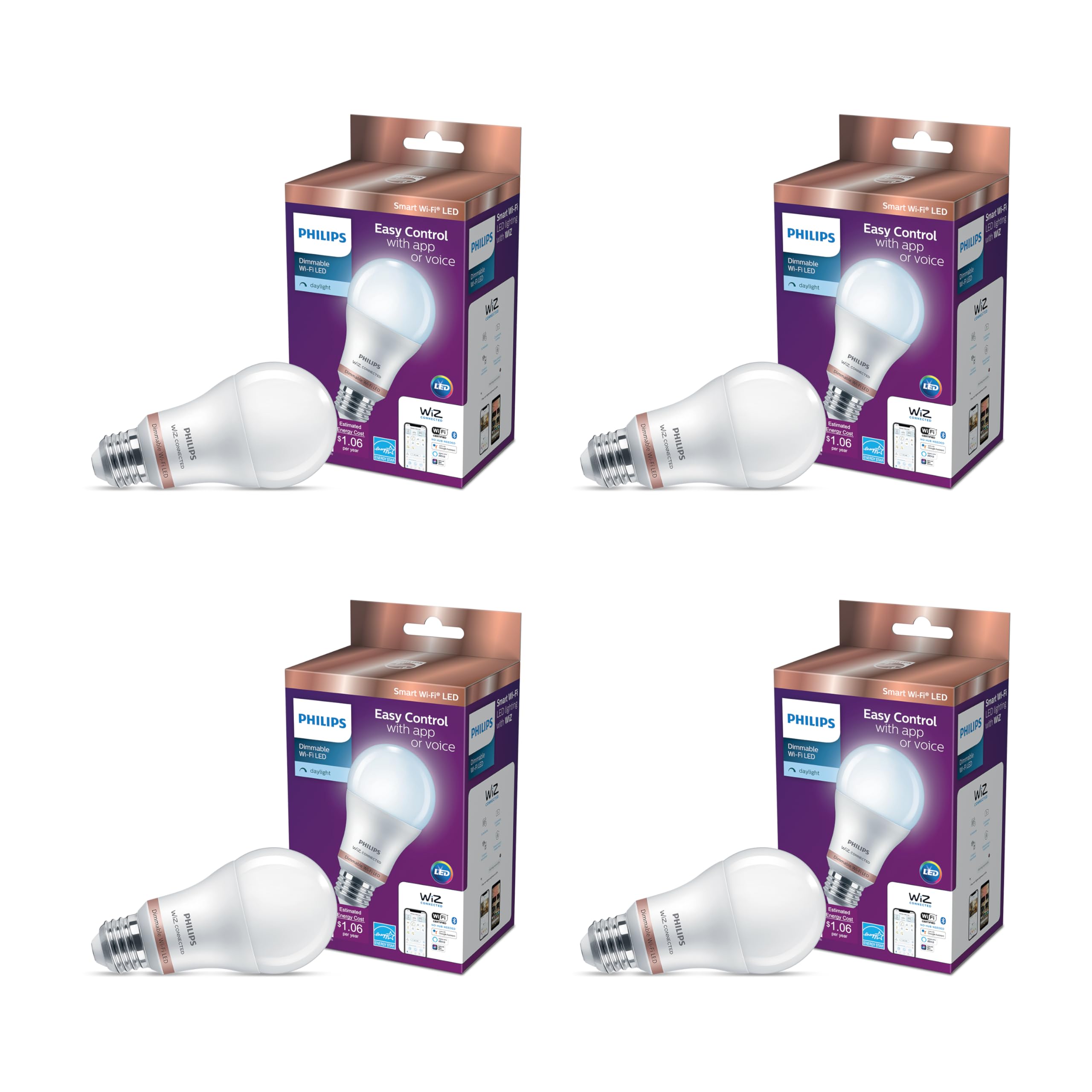 PHILIPS 60-Watt Equivalent A19 LED Daylight (5000K) Smart Wi-Fi Light Bulb Powered by WiZ with Bluetooth (4-Pack)