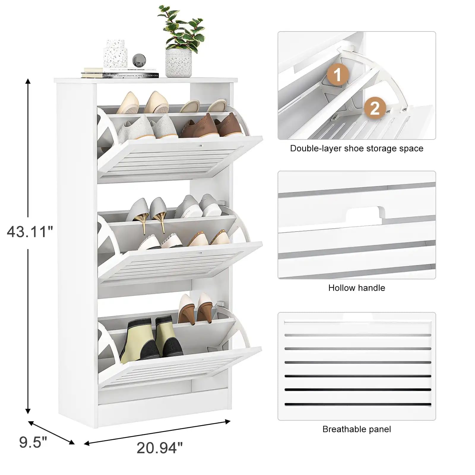 Miscoos Entryway Shoe Storage Cabinet with 3 Flip Drawers, Hidden Narrow Slim Free Standing Shoe Closet Rack Organizer for Hallway Front Porch