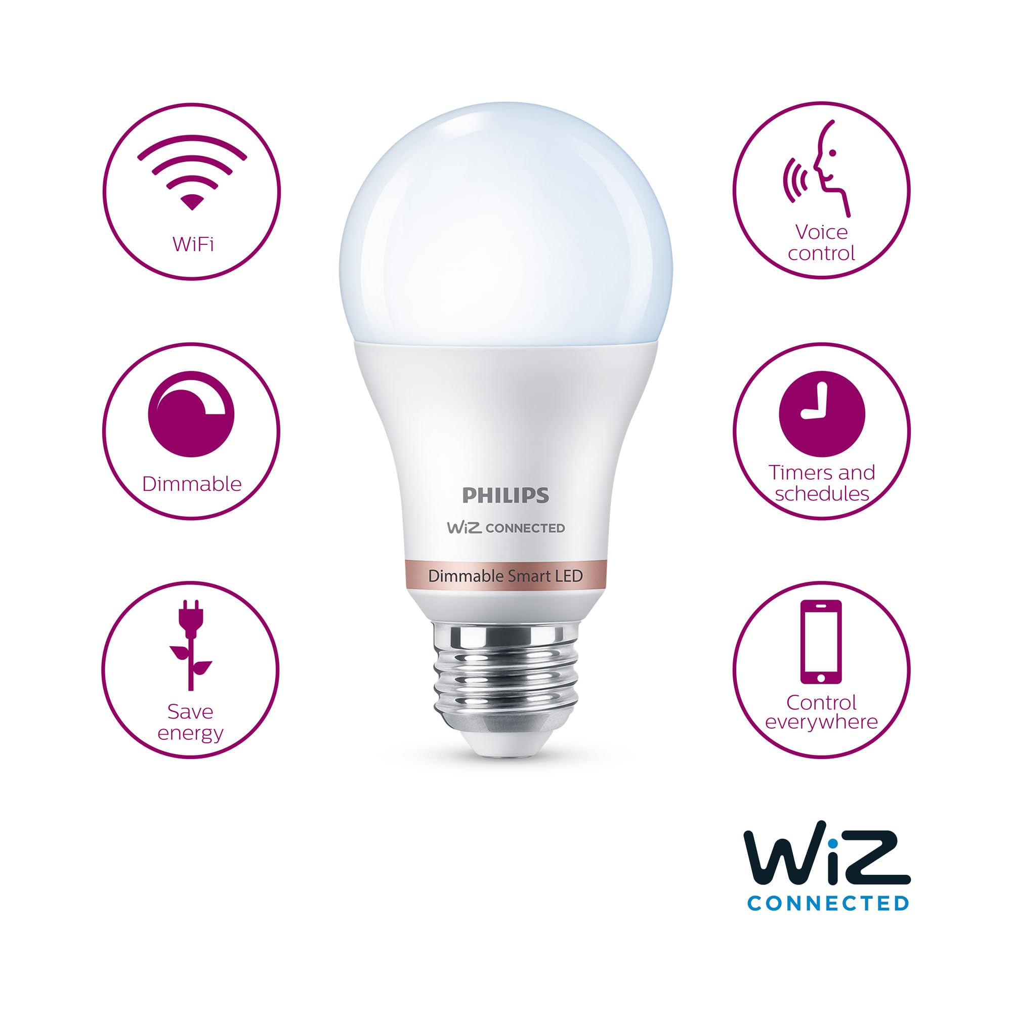 PHILIPS 60-Watt Equivalent A19 LED Daylight (5000K) Smart Wi-Fi Light Bulb Powered by WiZ with Bluetooth (4-Pack)