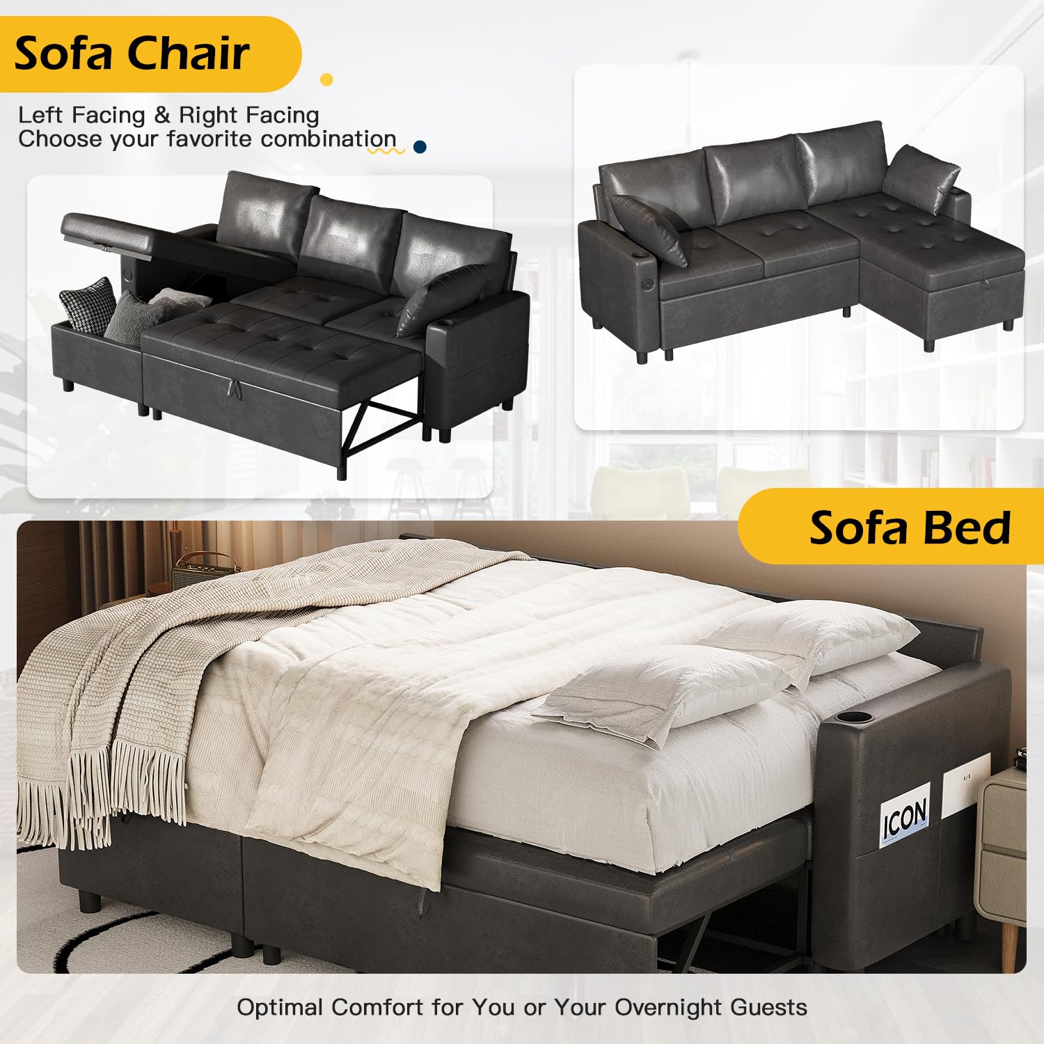 Esright Sleeper Sofa Bed Couch with Pullout Sofa Bed, Faux Leather Sectional Sleeper Sofa Pull Out Couch Bed with Storage USB & Cup Holders, Convertible Sofa Bed Couches for Living Room, Black