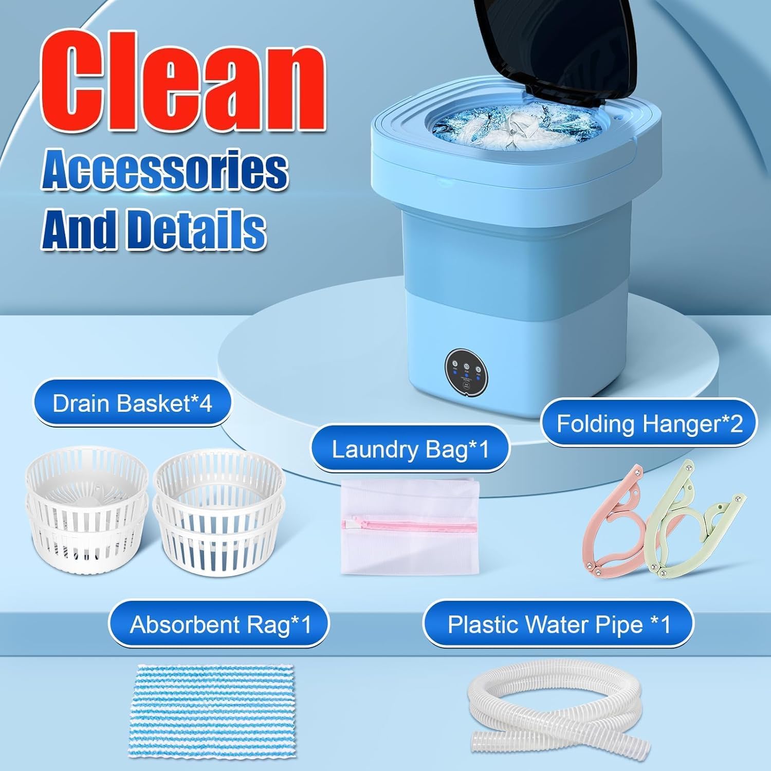 Portable Washing Machine with 3 Intelligent Cleaning Modes, 11L Mini Washer with Foldable Design, Mini Folding Washing for Travel, Camping, Apartment, Dorm, Baby Clothes, Socks, Underwear