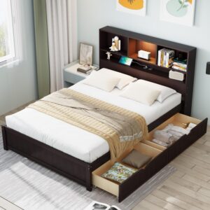 merax full size wood platform bed with bookcase headboard, built-in downlight, charging station, and 2 side drawers, expresso