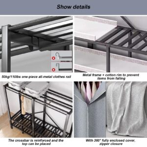 59in Portable Wardrobe Closet Rack 1200lbs Heavy-Duty Foldable Garment Rack With Cover Freestanding Clothes Organizer System enclosed Curtain Armoires For Hanging Clothes For Bedroom (150cm/59in)