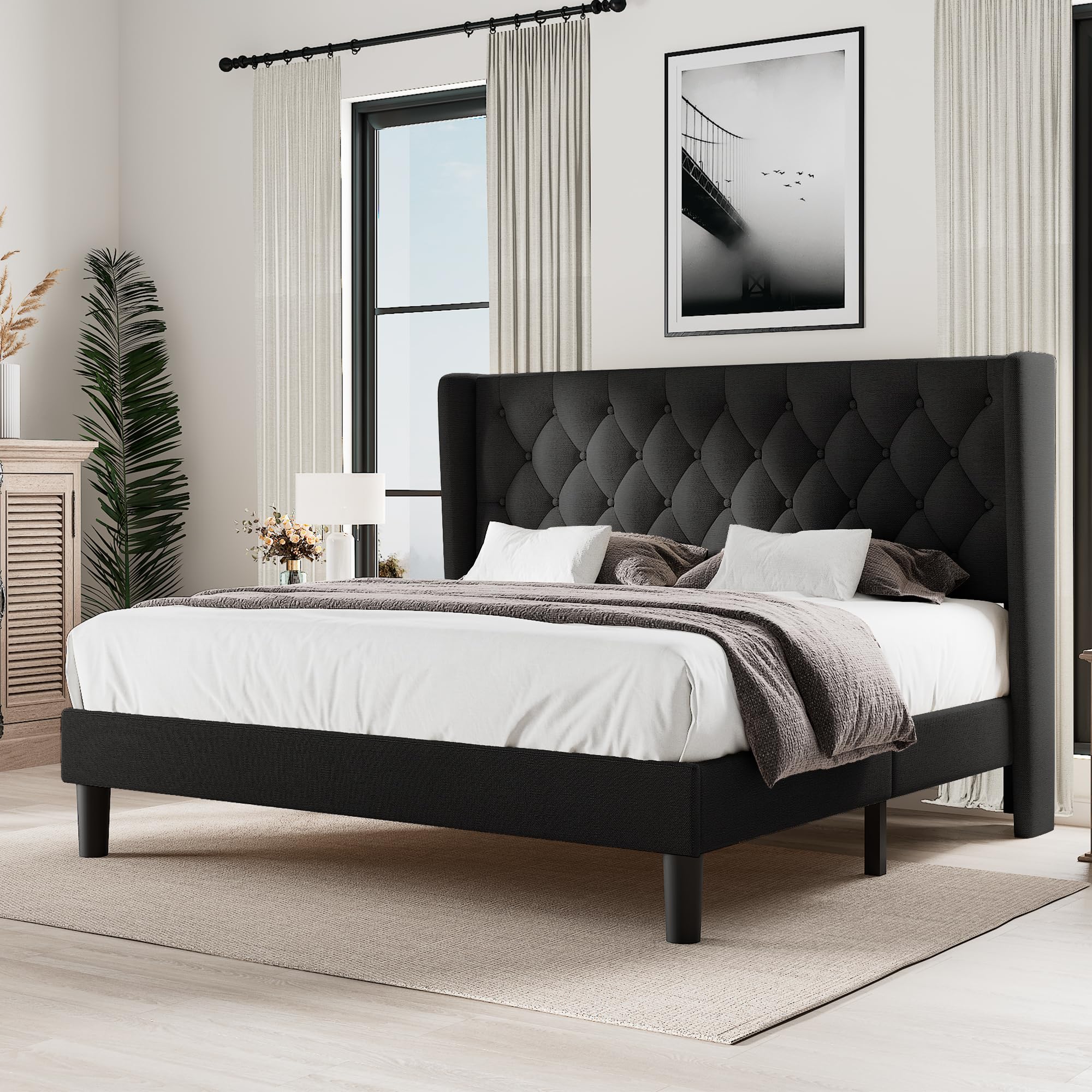 Einhomn King Size Upholstered Bed Frame with Wingback Headboard, Fabric Linen Platform Bed, 8" Under Bed Storage, Wooden and Metal Slats Support, No Box Spring Needed, Black