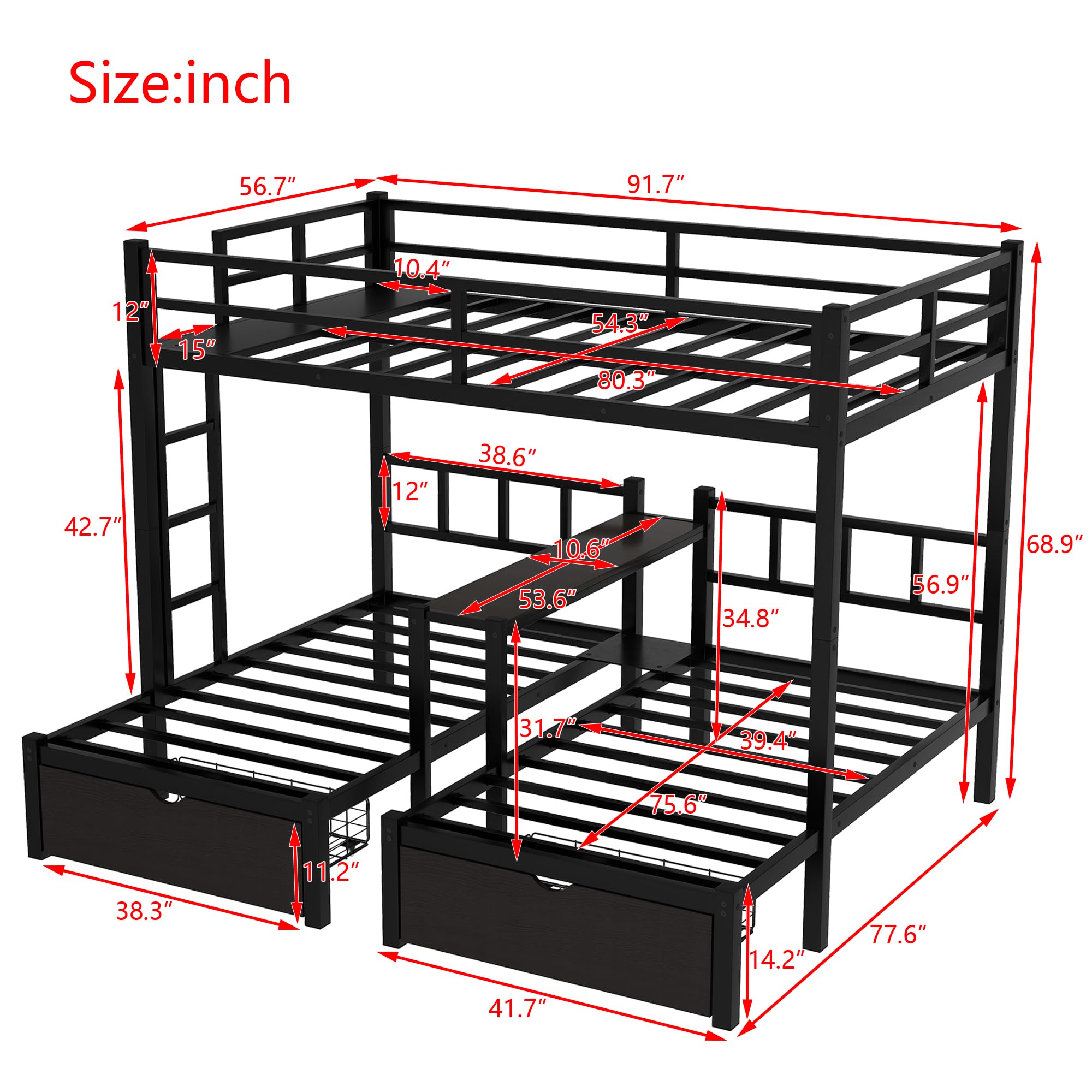 Full XL Over Twin Over Twin Bunk Bed for 3 Kids, Heavy Duty Triple Bunk Bed with Storage Drawers, Shelf, Guardrails and Ladder, Full XL Over Twin Over Twin Triple Bunk for Kids, Teens, Black