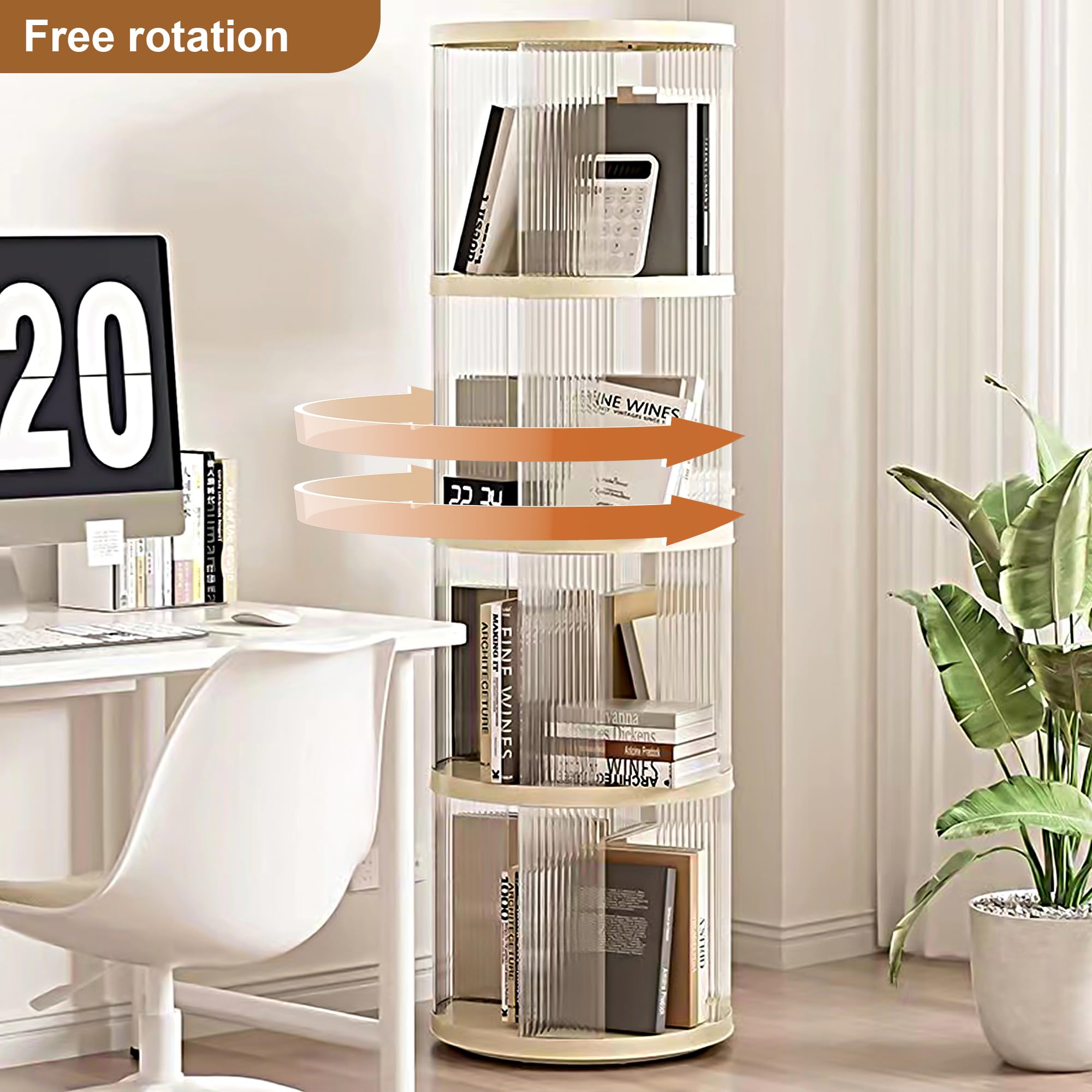 Sybrioka 4 Tier Rotating Bookshelf 360 Degree Swivel Bookcase, Clear Acrylic Round Spinning Book Shelf Organizer, Corner Display Shelf for Kids Bedroom, Living Room (4 Tier)