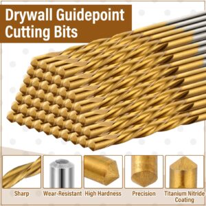 Tondiamo 50 Pcs Drywall Bits 1/8" Titanium Nitride Drill Bits Drywall Guide Point Cutting Bits Diameter Drywall Bit High Speed Steel Drywall Tools Accessories for Use with Spiral Saw