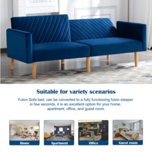 PVWIIK Convertible Folding Futon Sofa Bed, Velvet Fabric Upholstered Loveseat with Adjustable Backrests, Sleeper Couch Recliner Lounge for Small Space Apartment Office Living Room, Navy Blue