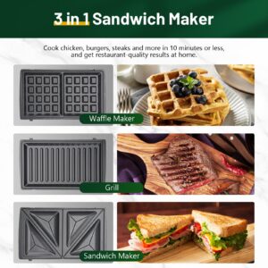 KEENSTAR 3 in 1 Sandwich Maker, Waffle Maker with 3 Removable Non-Stick Plates, Grill with Dual-Sided Heating, Easy Clean and Store, 750W Perfect for Cooking Breakfast, Panini, Cheese, and Grill Steak