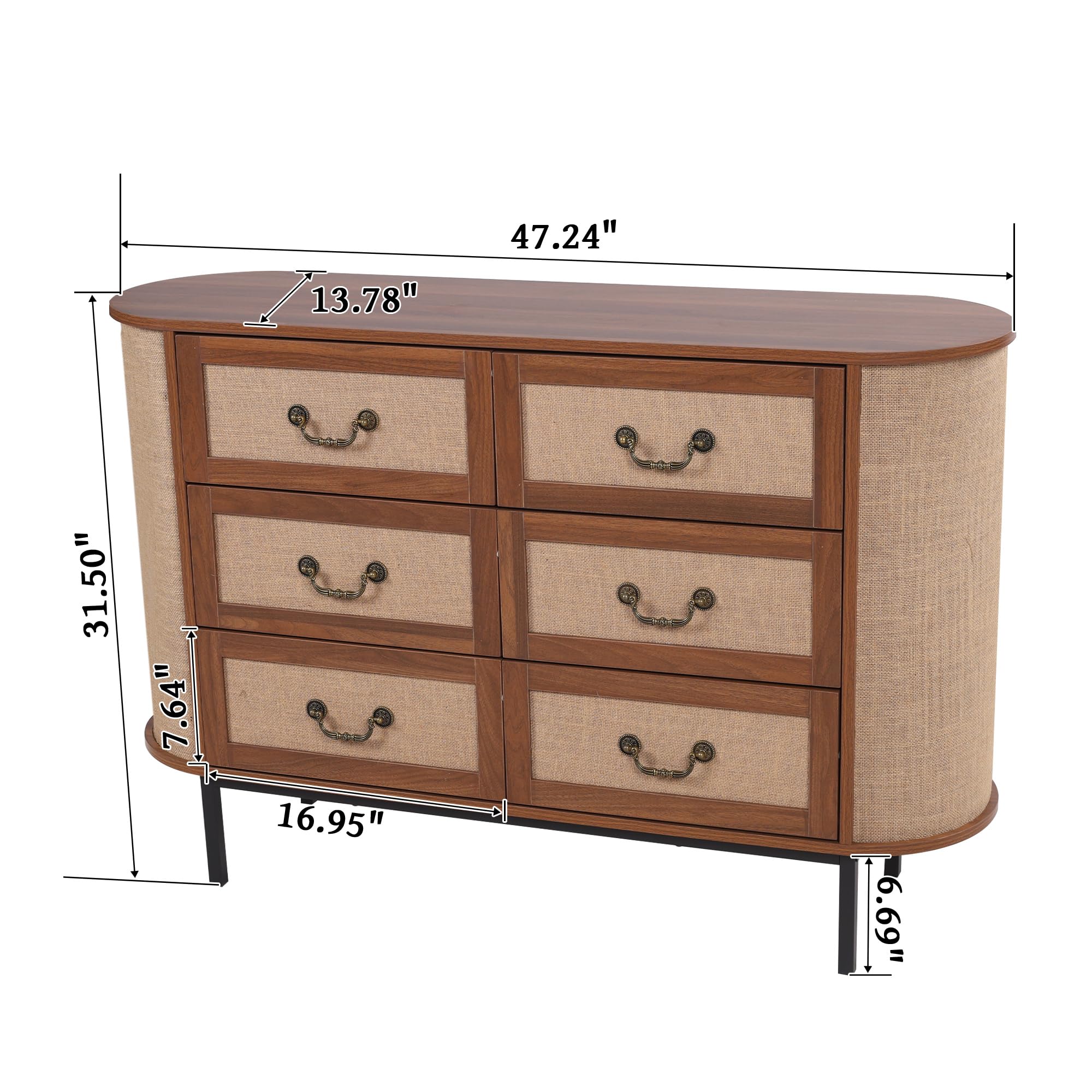 FurSch Rattan 6 Drawer Dresser for Bedroom,47.2" Curved Wooden Chest of Drawers,Large Six Drawer Double Dresser for Bedroom (Walnut, 47.2inch)