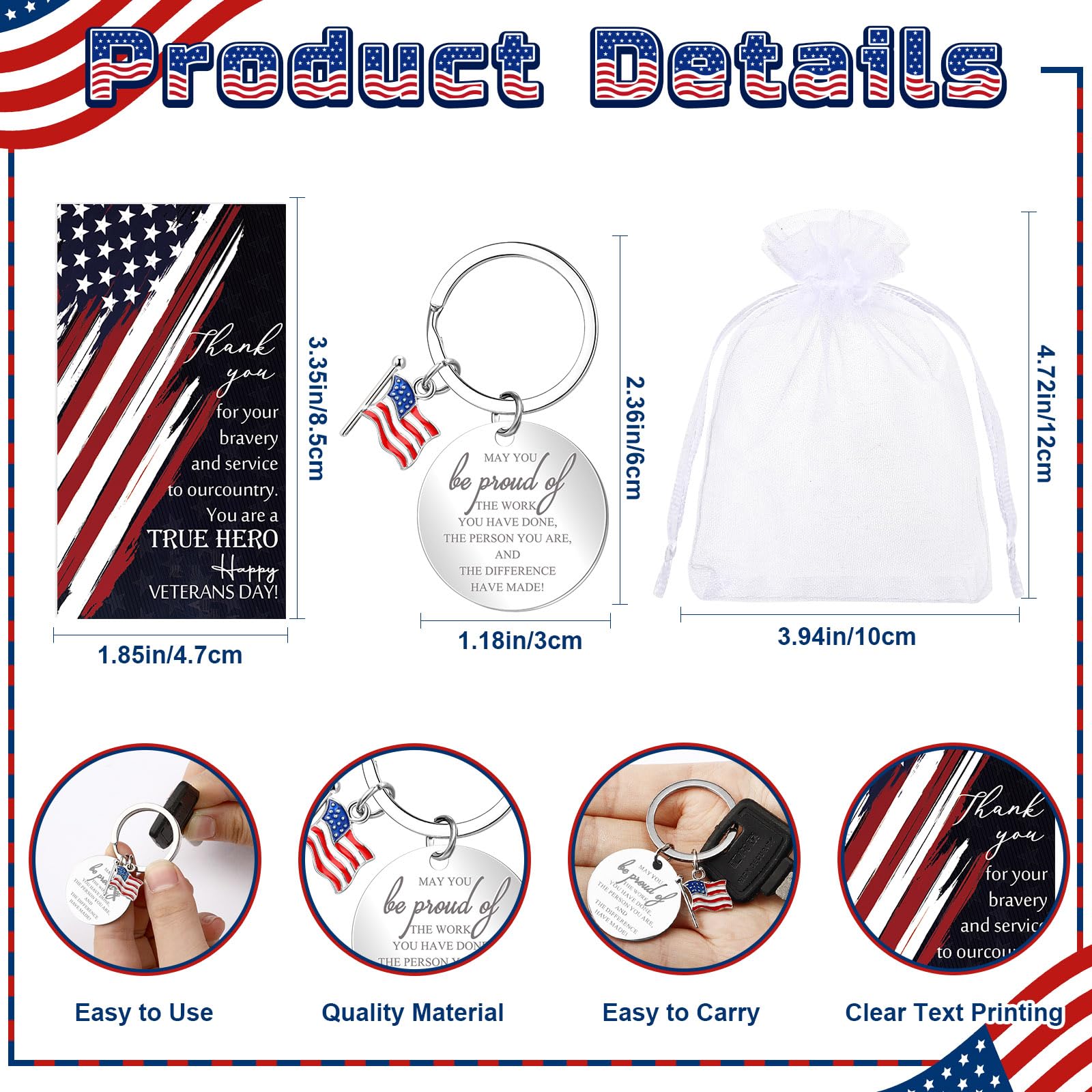 Lyrow 24 Sets Veterans Day Gift Bulk American Flag Keychains Patriotic Card with Organza Bag Party Decorations Church Favors