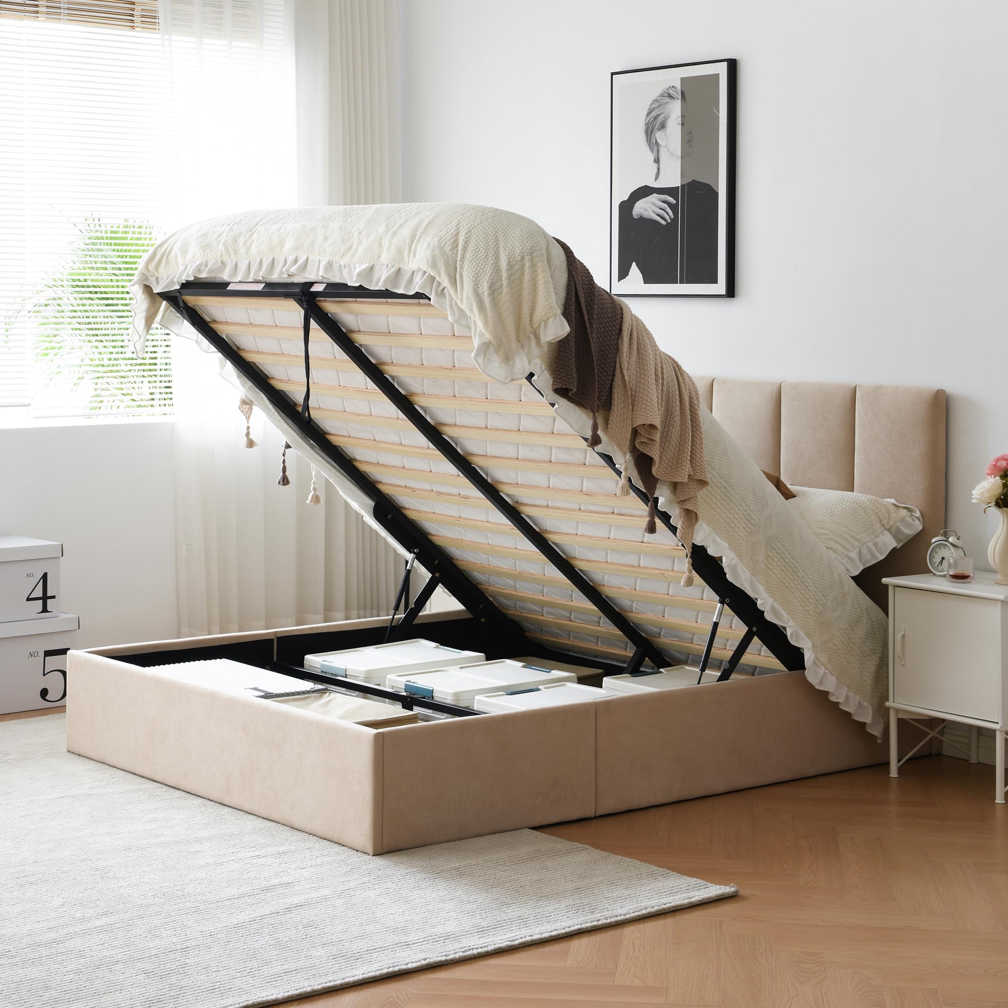 VELOCAVA Queen Size Lift-Up Storage Bed, Hydraulic Linen Upholstered Bed Frame with Vertical Panel Headboard, Wooden Slat Support, No Box Spring Needed, Easy Assembly, Soft Bed, Beige