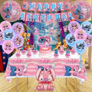 Stitch Party Supplies, 101PCS Birthday Decorations Set Include Banner, Balloons, Stickers, Hanging Swirls, Cake Cupcake Toppers, Tablecloth for Girls Pink Stitch Theme Party