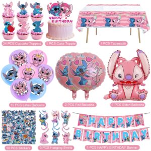 Stitch Party Supplies, 101PCS Birthday Decorations Set Include Banner, Balloons, Stickers, Hanging Swirls, Cake Cupcake Toppers, Tablecloth for Girls Pink Stitch Theme Party