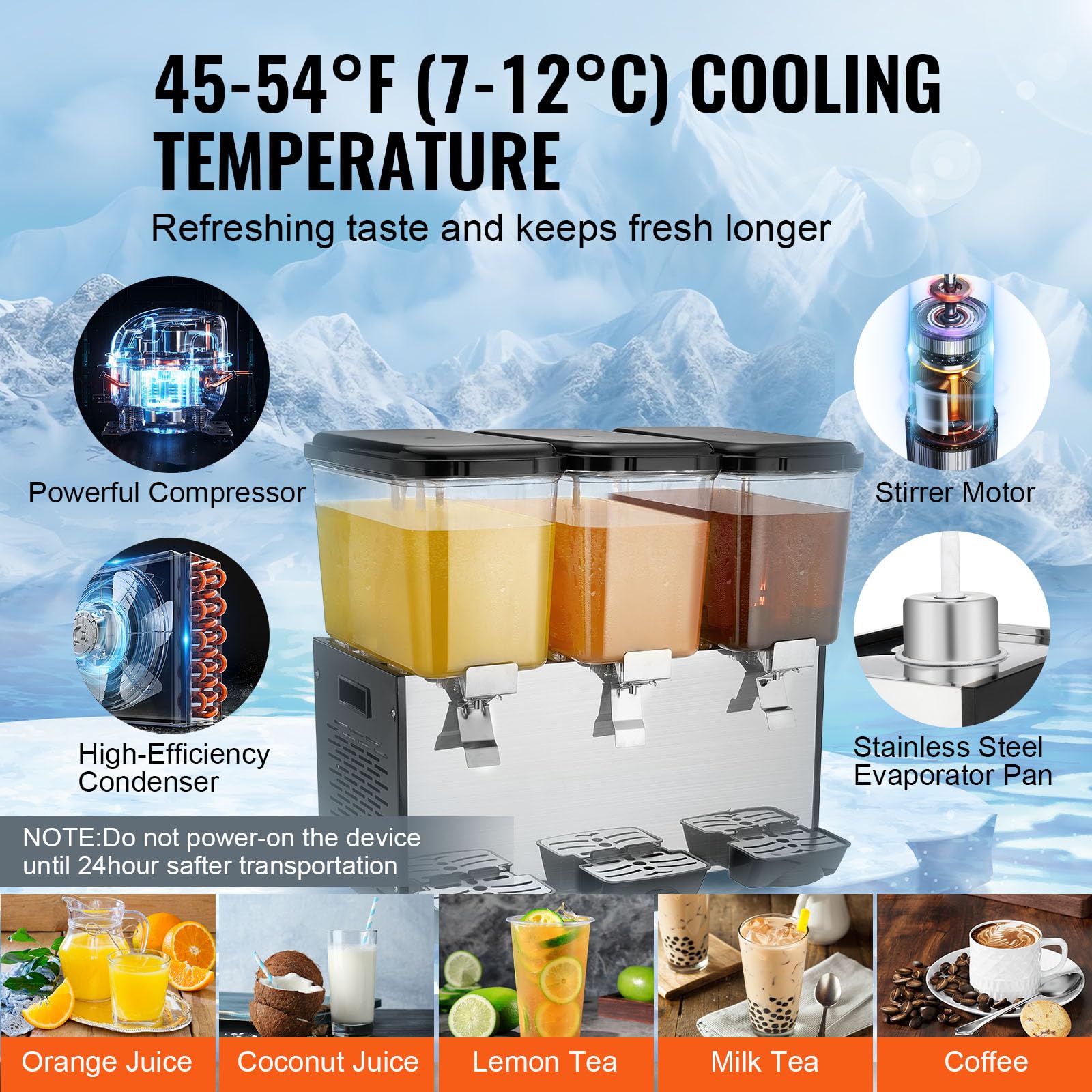 VEVOR Commercial Beverage Dispenser, 3 Tanks 18 L / 19 QT Per Tank Juice Dispenser, 512W Stainless Steel Ice Tea Drink Machine with 45°F-54°F Cooling Temperature, for Cold Drink Restaurant Bar Party