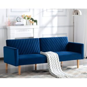 pvwiik convertible folding futon sofa bed, velvet fabric upholstered loveseat with adjustable backrests, sleeper couch recliner lounge for small space apartment office living room, navy blue