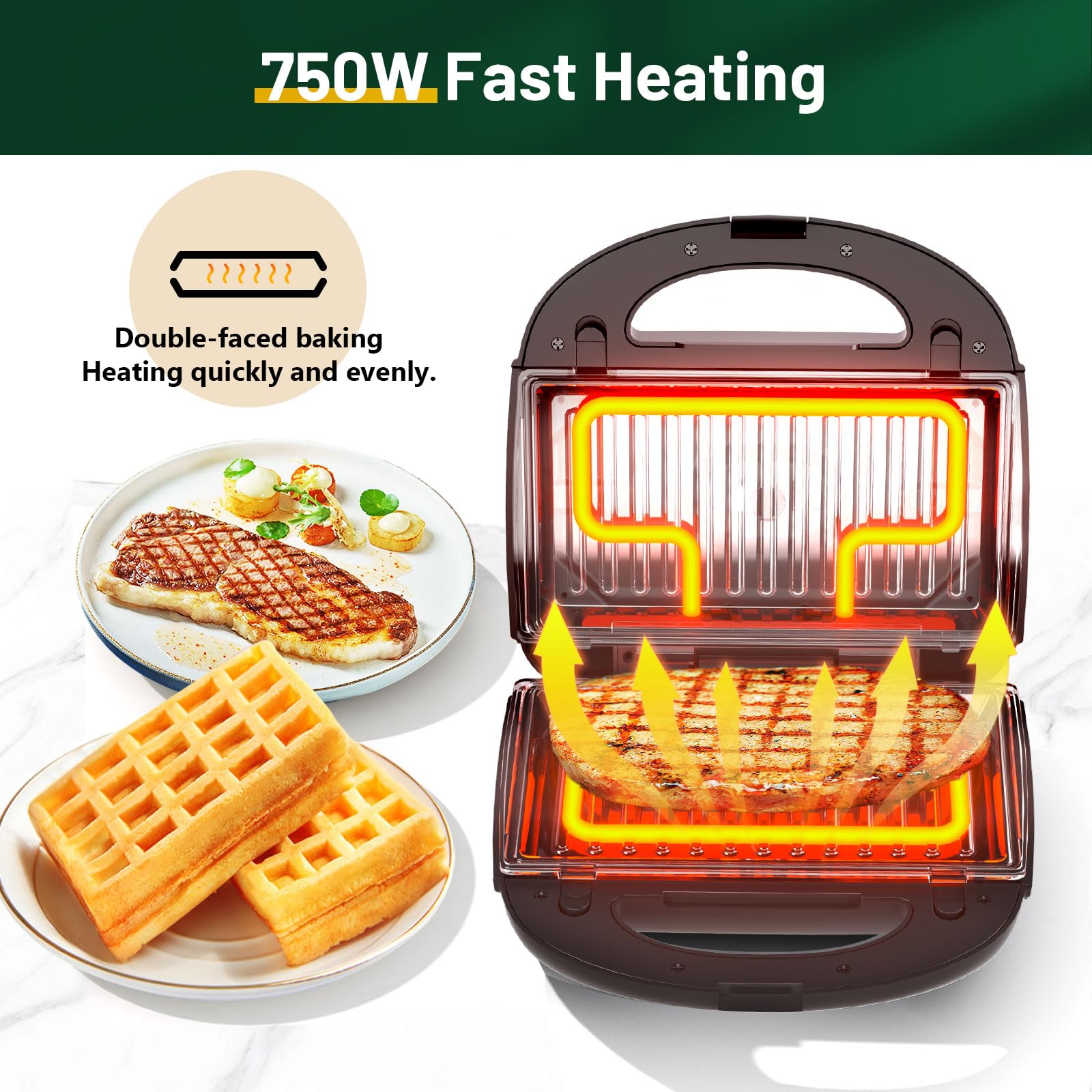 KEENSTAR 3 in 1 Sandwich Maker, Waffle Maker with 3 Removable Non-Stick Plates, Grill with Dual-Sided Heating, Easy Clean and Store, 750W Perfect for Cooking Breakfast, Panini, Cheese, and Grill Steak