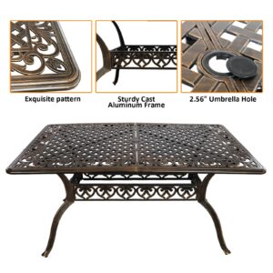 PATIO-IN 5 Piece Outdoor Dining Set, Cast Aluminum Patio Dining Set for 4 Person, Patio Furniture Set with 59" Rectangle Patio Table(2.56" Umbrella Hole) and 4 Chairs