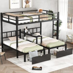 full xl over twin over twin bunk bed for 3 kids, heavy duty triple bunk bed with storage drawers, shelf, guardrails and ladder, full xl over twin over twin triple bunk for kids, teens, black