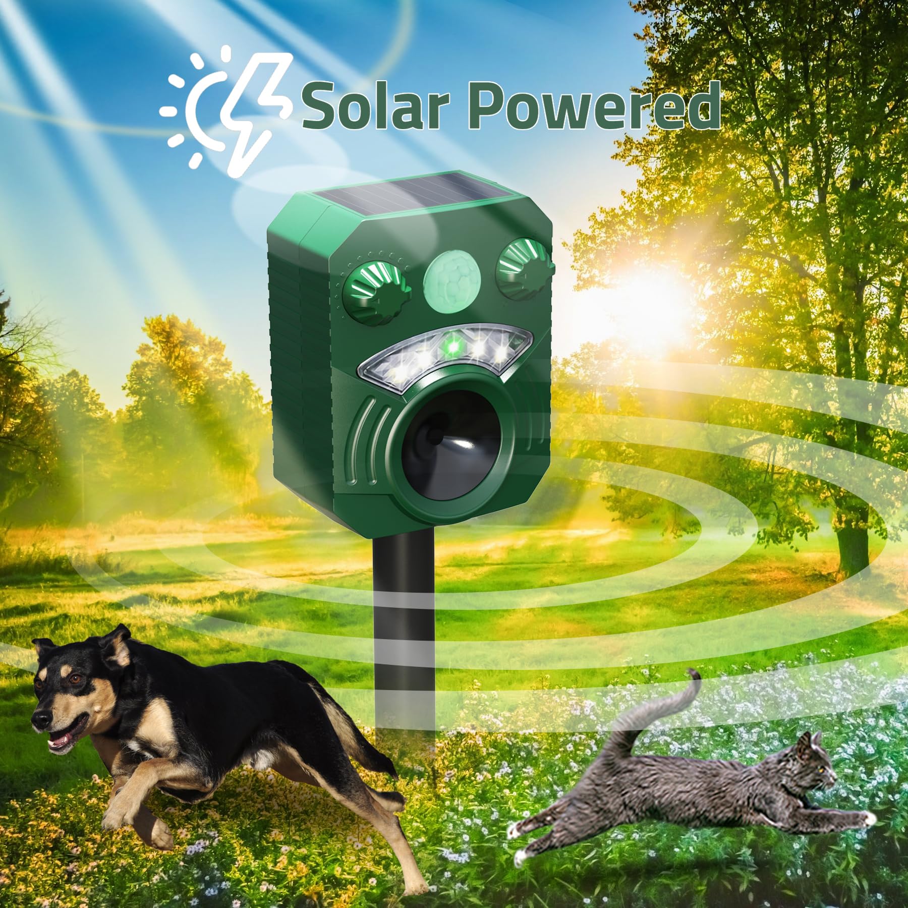 Ultrasonic Animal Repellent Solar Deer Deterrent Squirrel Repeller Outdoor Repel Raccoon Fox Rabbit Dog Cat with Motion Sensor and Flashing Light Waterproof 2 Pack