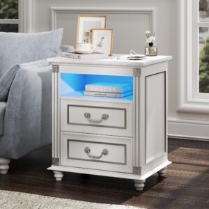 skktkt night stand with charging station, nightstands with 3 color led lights, side table with 2 drawers storage, bedside end table with outlets and usb ports for bedroom, white