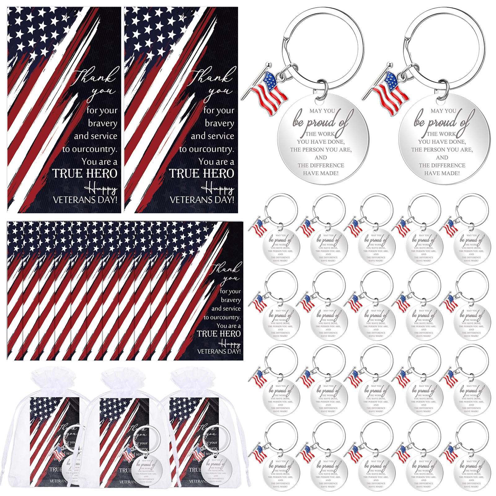 Lyrow 24 Sets Veterans Day Gift Bulk American Flag Keychains Patriotic Card with Organza Bag Party Decorations Church Favors