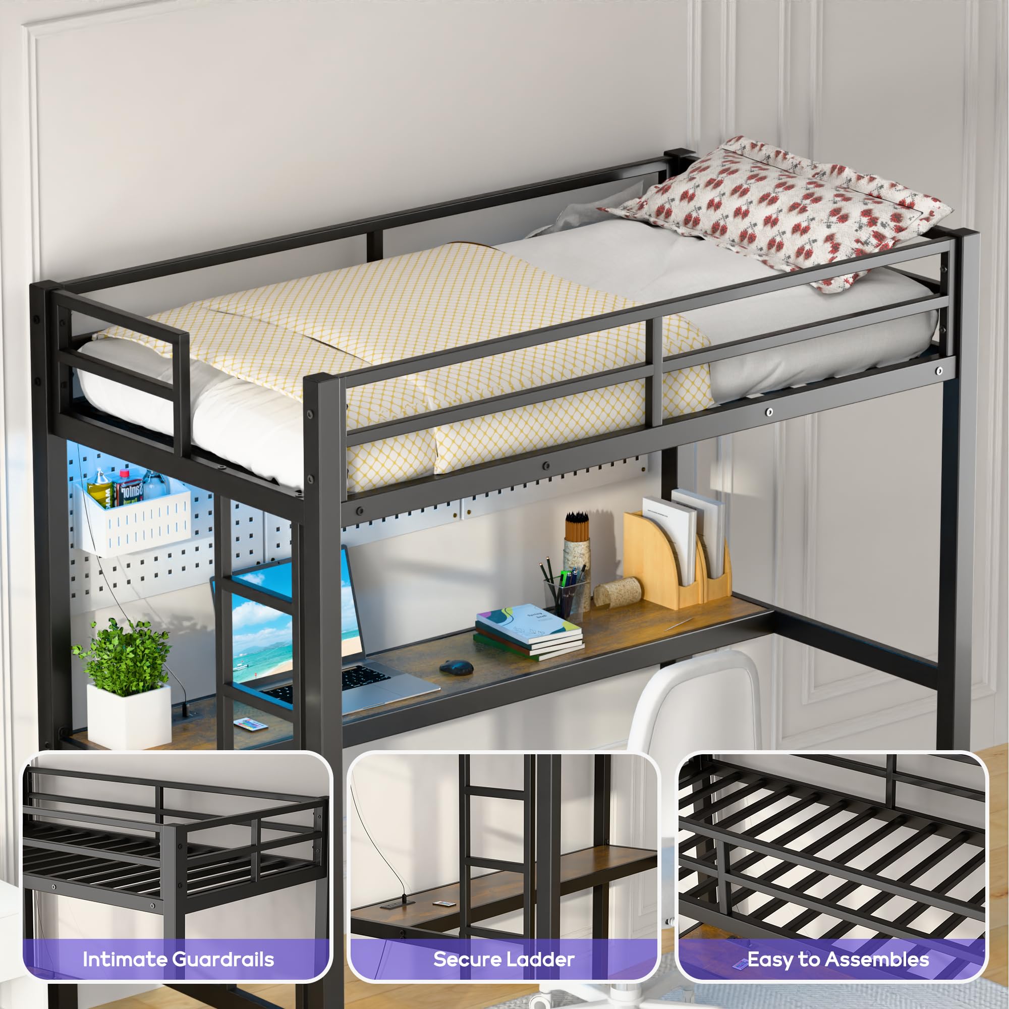 METAN Metal Loft Bed with Desk, Metal Loft Bed Frame with LED Light, Metal Bed with Desk with Charging Outlets, Noise-Free, Space-Saving, Black, Assembly Required