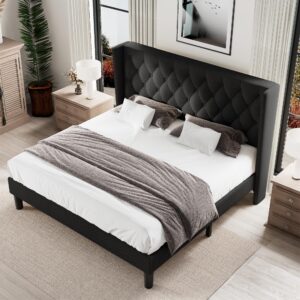 Einhomn King Size Upholstered Bed Frame with Wingback Headboard, Fabric Linen Platform Bed, 8" Under Bed Storage, Wooden and Metal Slats Support, No Box Spring Needed, Black