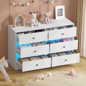 sdmy 6 drawer double dresser, white bedroom dresser with led light, baby dresser for nursery, modern wood dresser chest of drawers for living room, hallway