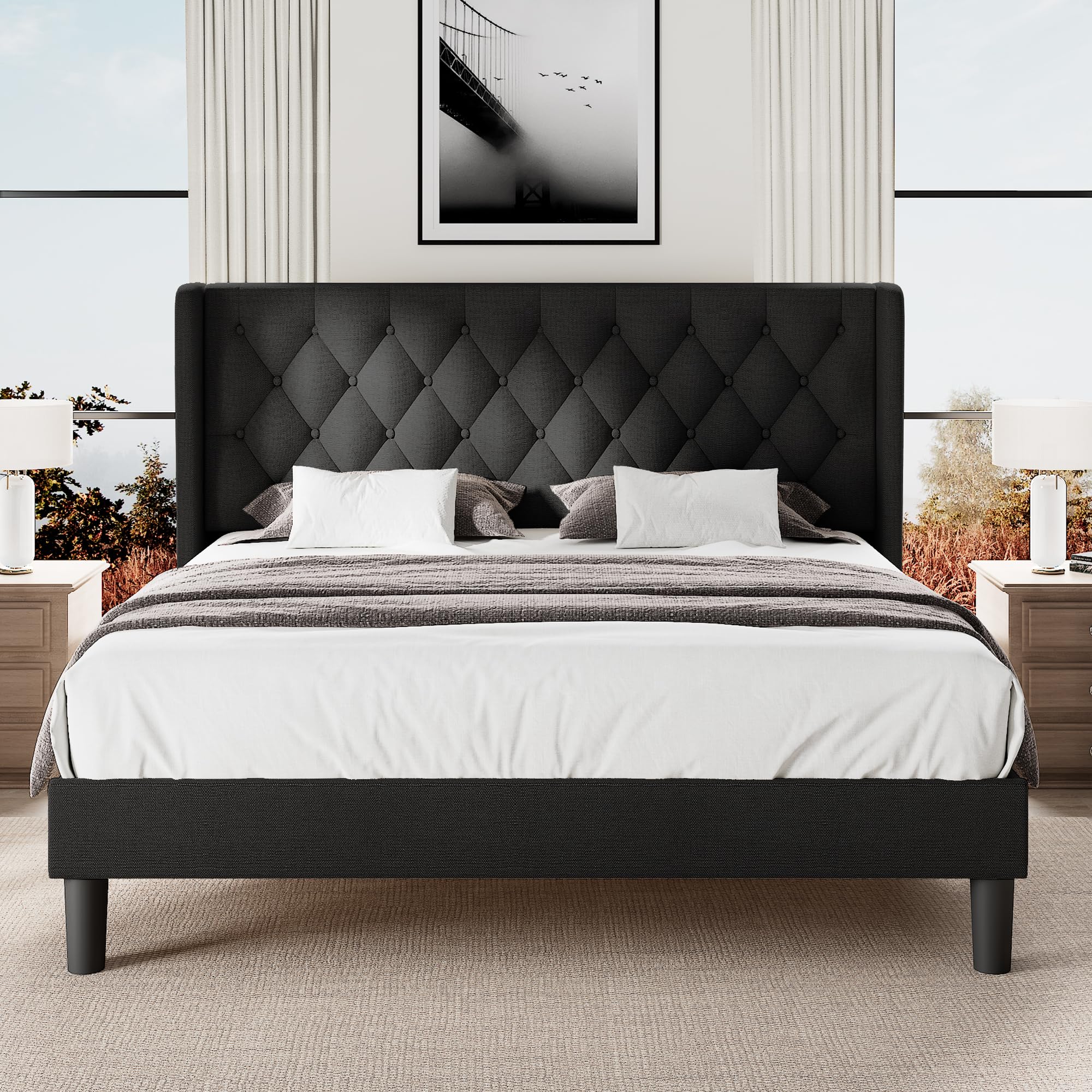 Einhomn King Size Upholstered Bed Frame with Wingback Headboard, Fabric Linen Platform Bed, 8" Under Bed Storage, Wooden and Metal Slats Support, No Box Spring Needed, Black