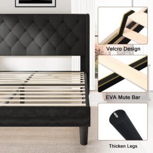 Einhomn King Size Upholstered Bed Frame with Wingback Headboard, Fabric Linen Platform Bed, 8" Under Bed Storage, Wooden and Metal Slats Support, No Box Spring Needed, Black