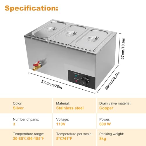 Steam Table Food Warmer - Steam Table 3-Pan Countertop Steamer,Stainless Steel 86-185°F Temp Control Food Warmers for Catering Restaurants Entertaining Parties