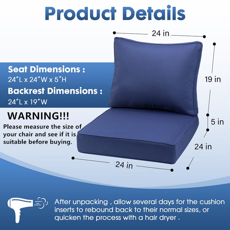 HERMOCE Outdoor Deep Seating Cushion Set, 24" x 24", Waterproof & Fade Resistant Patio Furniture Cushions with Handle, Deep Seat and Back Cushion for Chair and Sofa (3, Blue)