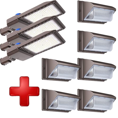 BIRITALO 300W LED Parking Lot Light Dusk to Dawn 3 Pack and 120W LED Wall Pack Light Without Photocell 6 Pack