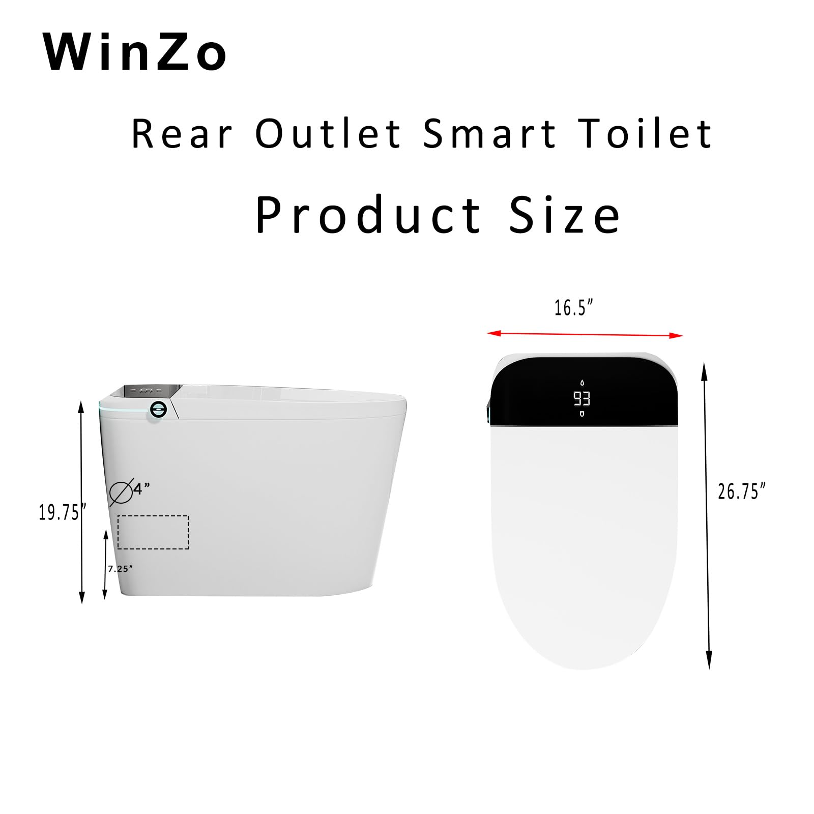 WinZo Rear Outlet Smart Toilet With Bidet Seat, Auto Open & Close, Auto Flush, Heated Seat, Warm Water and Dryer, Night Light, Side Knob, White with Black Panel