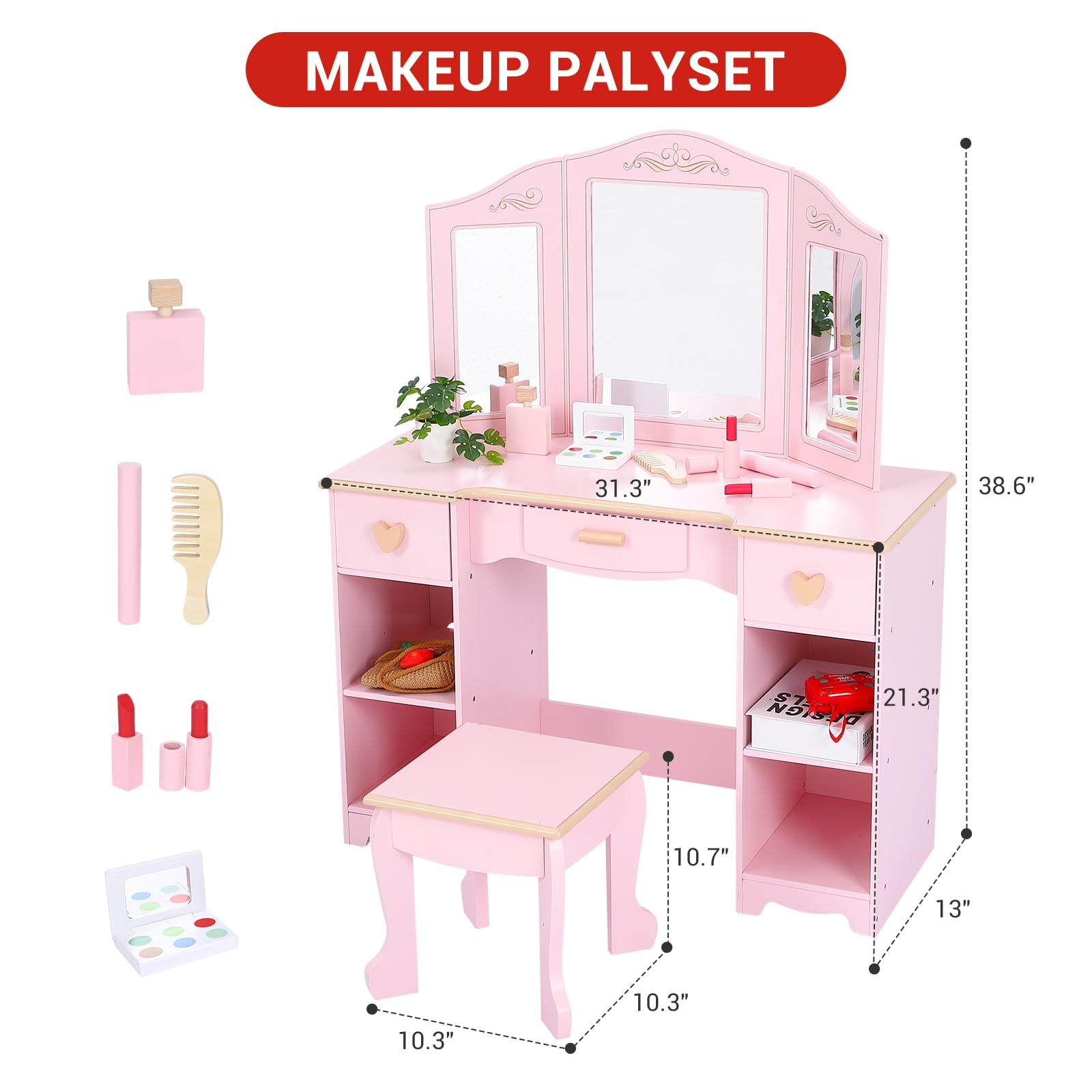 GarveeHome Kids Vanity, Pretend Play Vanity Set with Stool and Tri-Fold Mirror, Little Girl Makeup Desk, Toddler Dressing Table with Storage Drawers and Open Shelves for Girls 3+, Pink