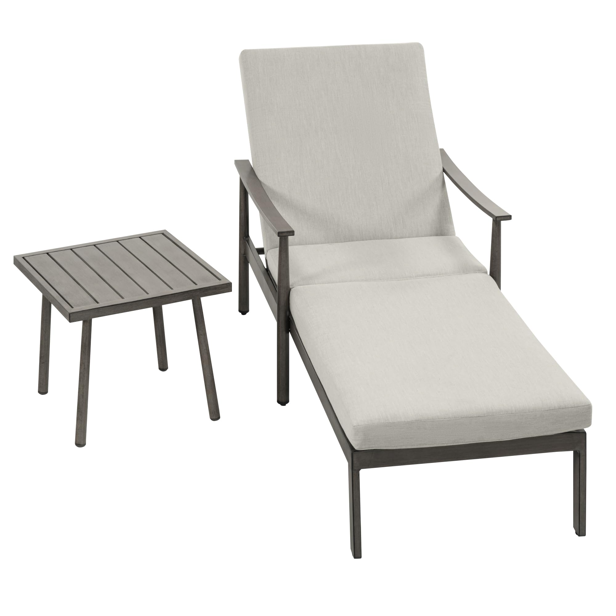 LUXIJOY Outdoor Lounge Chair with Side Table, Patio Aluminum Chaise Lounge Set of 2, Adjustable Backrest with Ergonomic Armrest, Patio Recliner Chairs Cushions for Lawn Pool Beach (Grey)