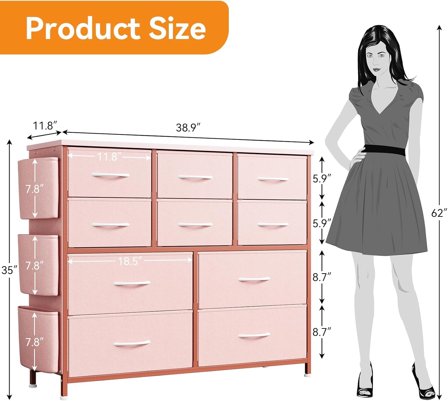 TrailBlaze Multifunctional Drawer Tower - Spacious Storage with 10 Drawers, Fabric Pockets, Hooks, Sturdy Steel Frame, Waterproof Wood Top, Anti-Tip Safety, Easy Assembly(Pink)