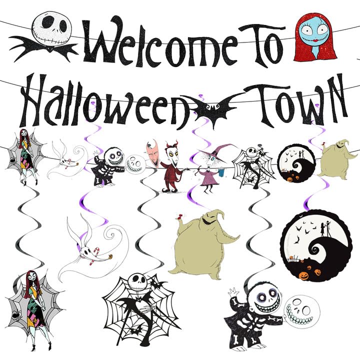 Glittery Welcome to Halloween Town Party Decorations,Welcome to Halloween Town Banner and Hanging Swirls,Halloween Nightmare Birthday Party Decorations