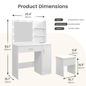 WAYES Makeup Vanity Set with Lighted Mirror, Charging Station, and Storage Stool - 3-Foot Vanity Desk for Bedroom, White