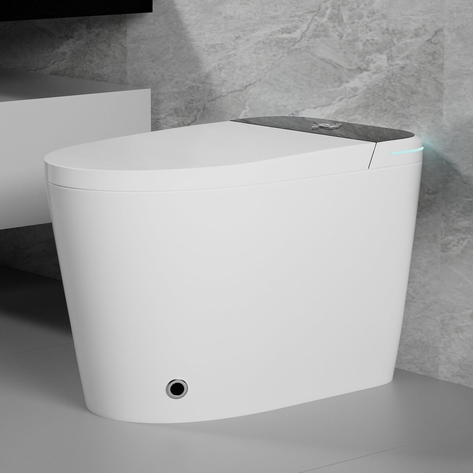 WinZo Rear Outlet Smart Toilet With Bidet Seat, Auto Open & Close, Auto Flush, Heated Seat, Warm Water and Dryer, Night Light, Side Knob, White with Black Panel