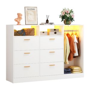 Hlivelood 63" W Dresser for Bedroom with Hanging Rack & Shelves, White 6 Drawers Dresser with LED Lights, Chest of Drawers Storage Shelves, Bedroom, Closet, Entryway, 44" H